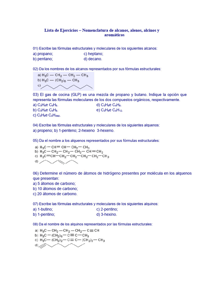 Ejercicios Alcanos Alquenos Alquinos | PDF | Alcano | Alqueno
