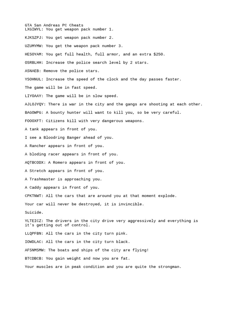 GTA San Andreas PC Cheat Codes Guide | PDF