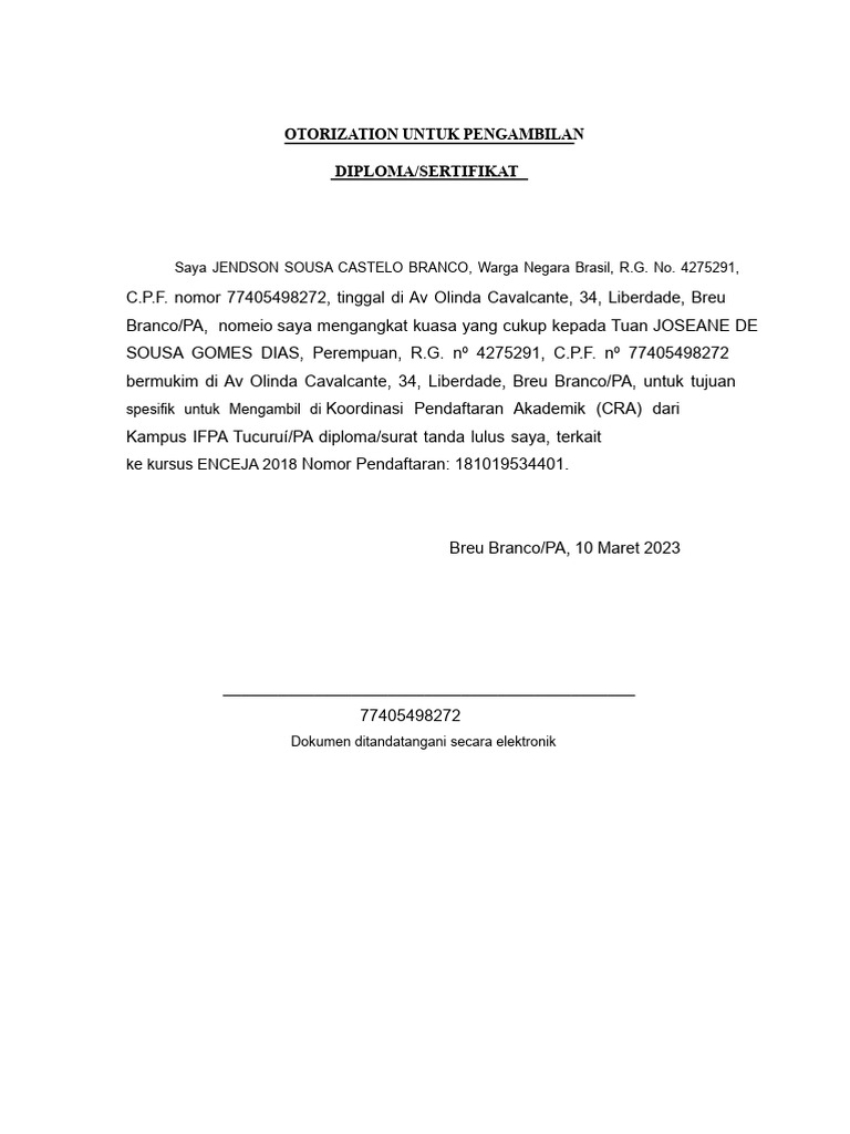 Model Surat Kuasa Pengambilan Ijazah Sertifikat PDF | PDF