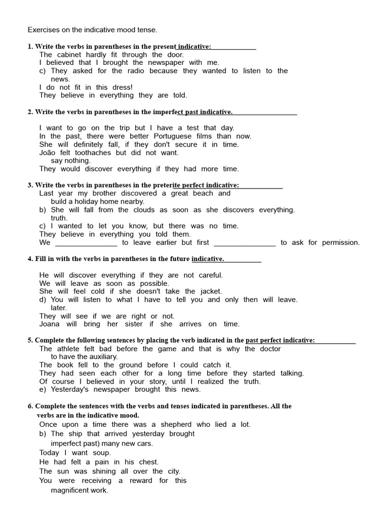 Exercises On The Indicative Mood Tense | PDF