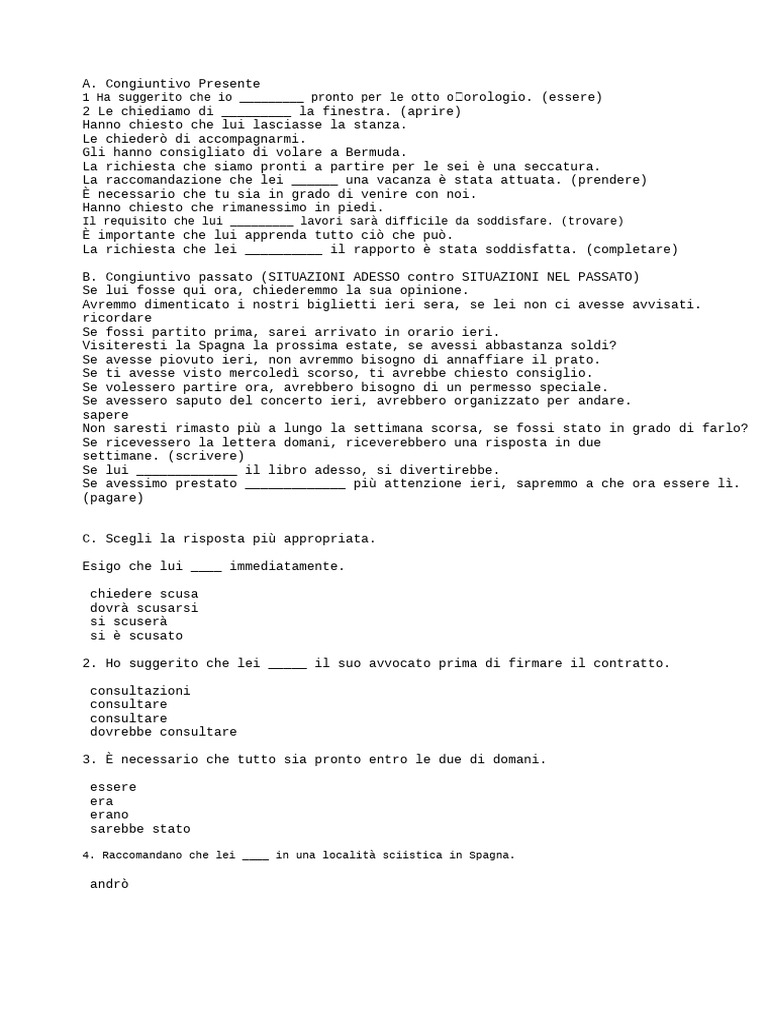 Esercizi Sul Congiuntivo Presente e Passato | PDF