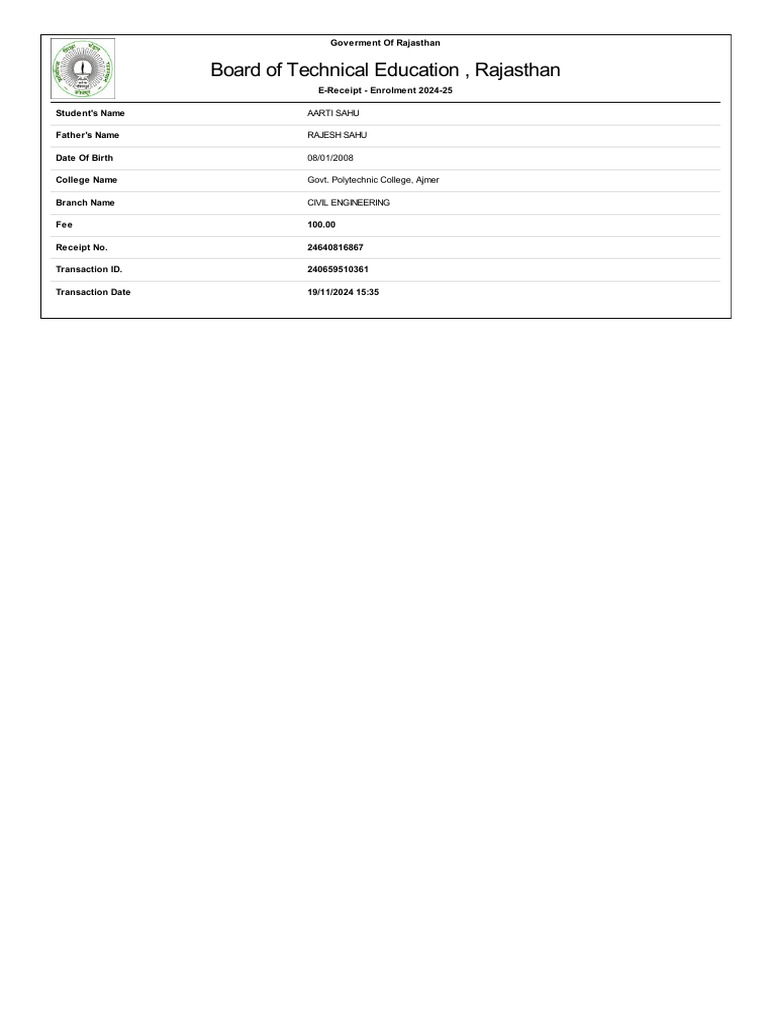 BTER Enrolment E-Receipt 2024-25 | PDF