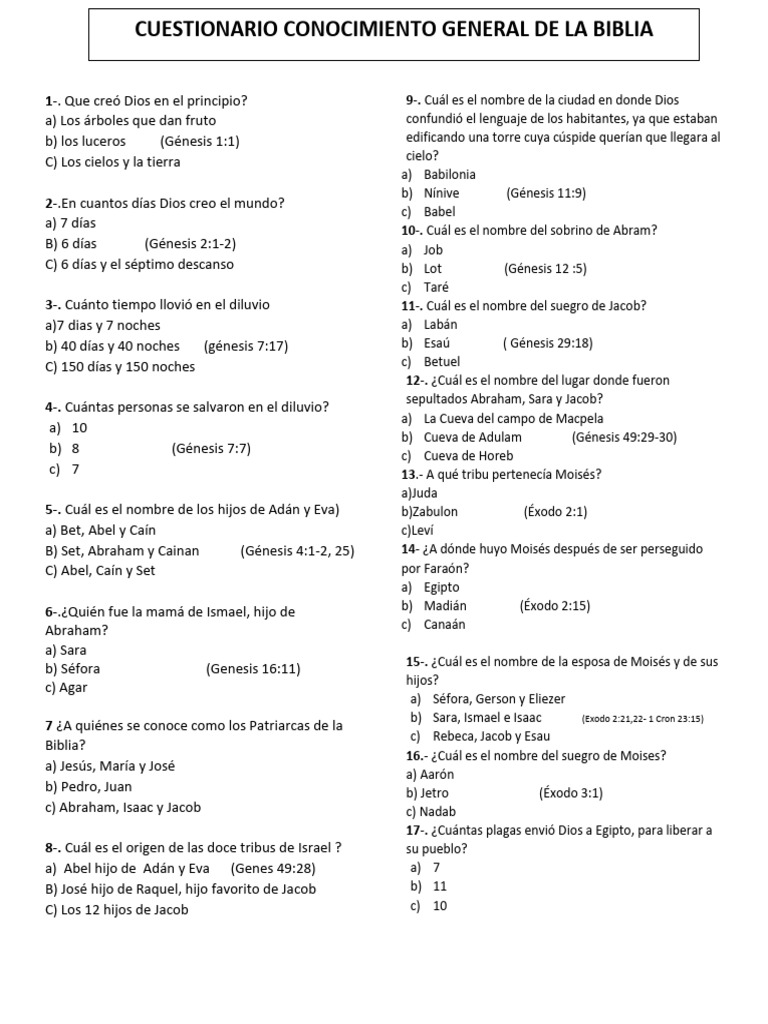 Cuestionario General de La Biblia 100 Preguntas de Genesis Hasta Job ...