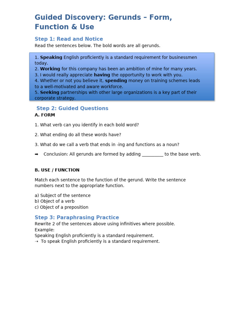 Gerunds Guided Discovery | PDF | Verb | Subject (Grammar)