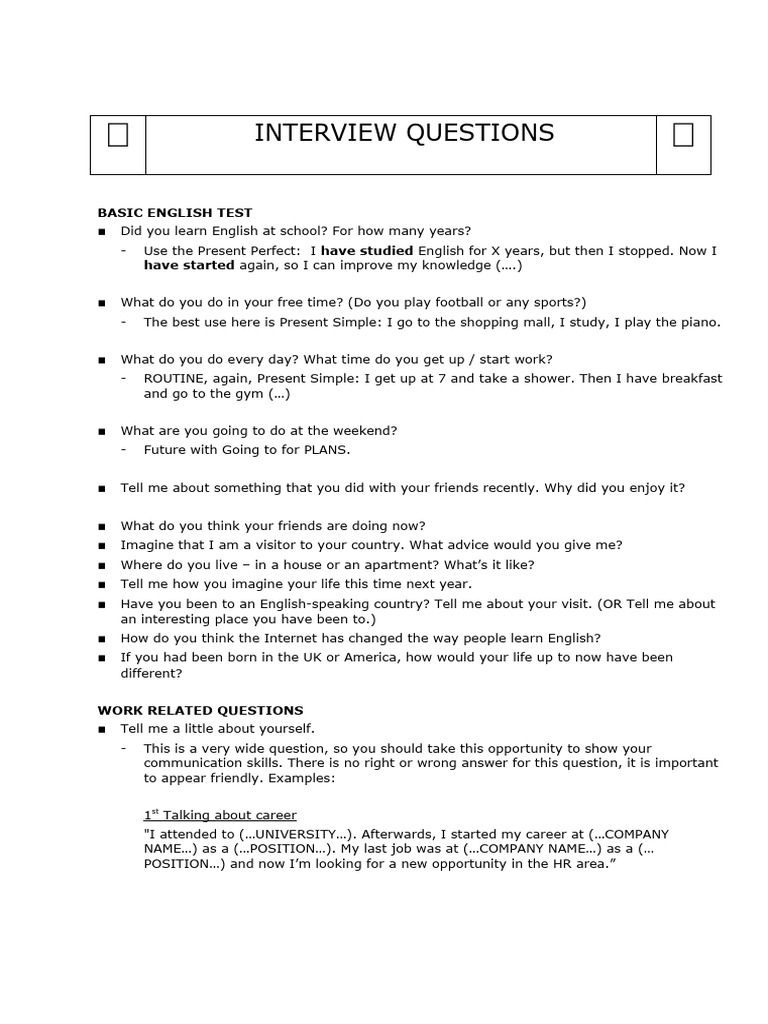 Job Interview Questions - ESL | PDF