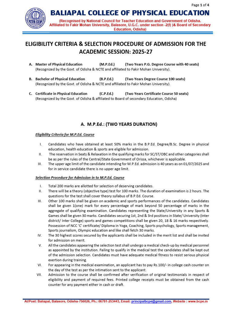 Baliapal College B.P.Ed & M.P.Ed Admissions 2025 | PDF | Postgraduate ...