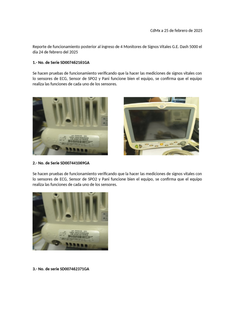 Informe de Funcionamiento Monitores G.E. Dash 5000 | PDF