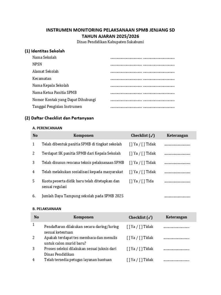 Instrumen Monitoring SPMB Sukabumi | PDF