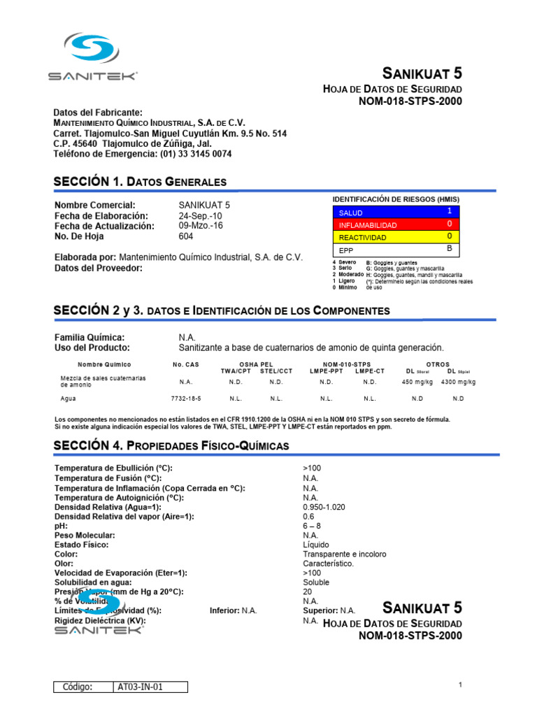 Sanikuat 5 Hoja de Seguridad | PDF | Agua | Solubilidad