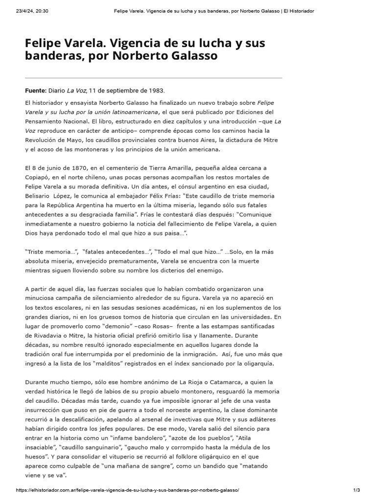 Felipe Varela. Vigencia de Su Lucha y Sus Banderas, Por Norberto ...