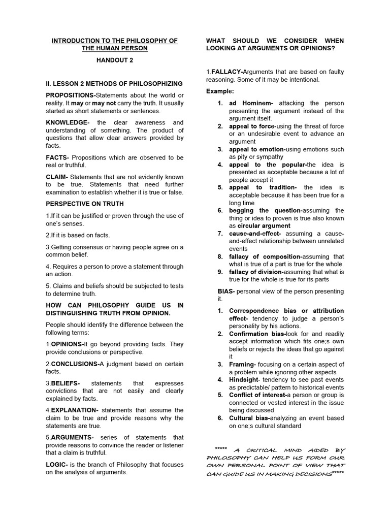 Philo Handout 2 Lesson 2 | PDF | Argument | Truth