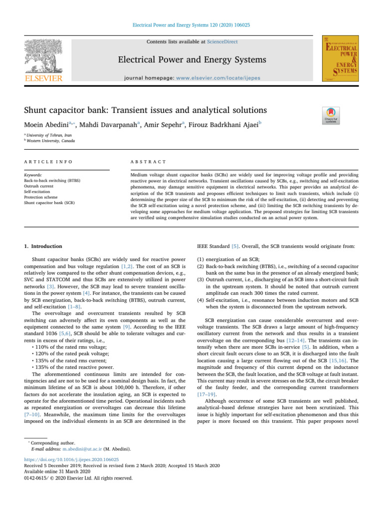 Moein Abedini 2020 Shunt Capacitor Bank - Transient ISSUES and Analytical Solutions | PDF ...