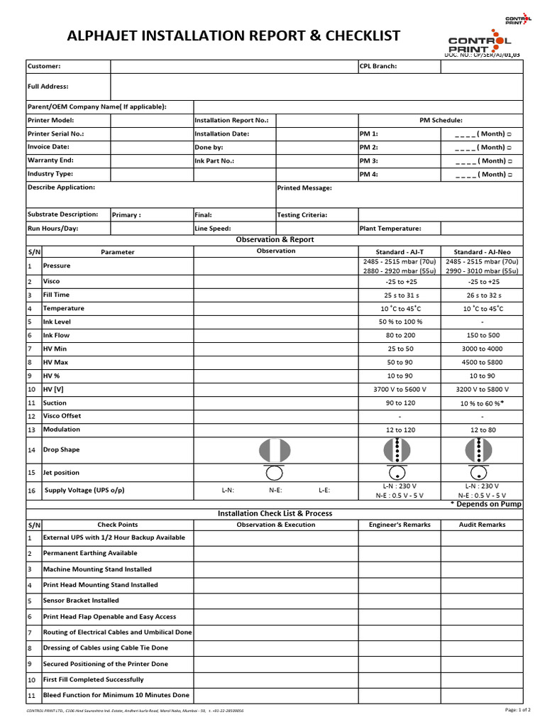 Installation Check List - AlphaJet Rev3 | PDF | Printer (Computing) | Manufactured Goods