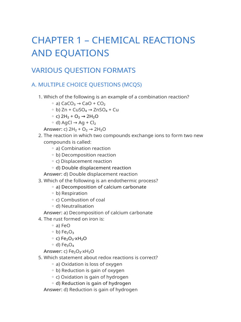 Chem Rxns & Eq_ NCERT Ch. 1 Q&A | PDF | Redox | Chemical Reactions
