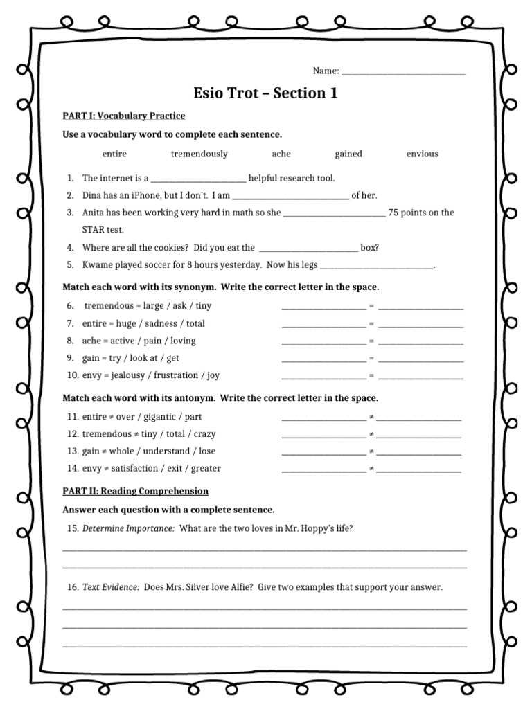 Esio Trot Section 1 Reading Comprehension Exercises 91686 | PDF | Chess ...