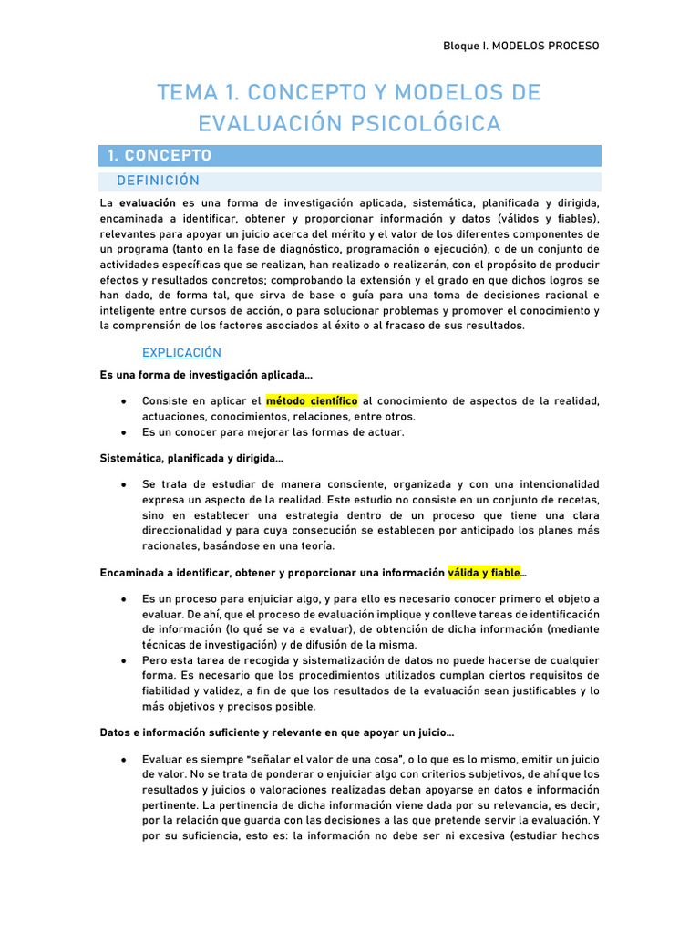 Tema 1. Concepto y Modelos de Evaluación Psicológica | PDF | Evaluación | Sicología