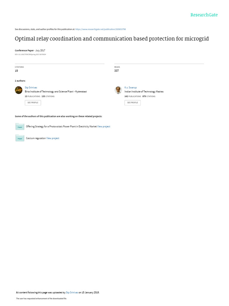 Srinivas STP Optimal Relay Coordination and Communication Based Protection For Microgrid | PDF ...