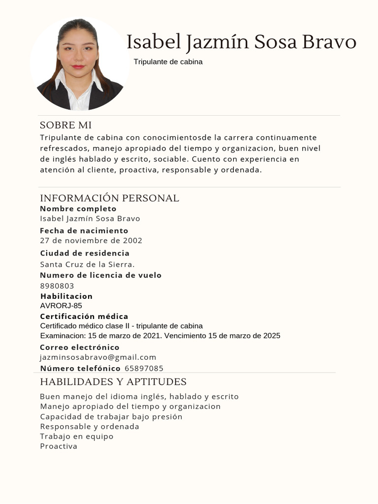 Perfil de Tripulante de Cabina Isabel Sosa | PDF