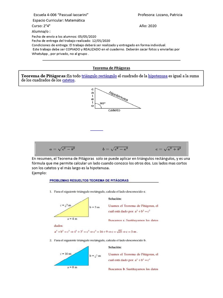 Teorema de Pitágoras: Ejercicios y Aplicaciones | PDF | Triángulo ...