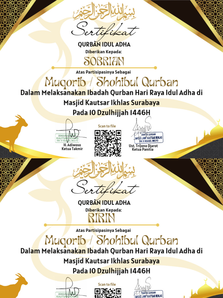 Putih Hitam Emas Sertifikat Islami Qurban Idul Adha - 20250606 - 215751 ...