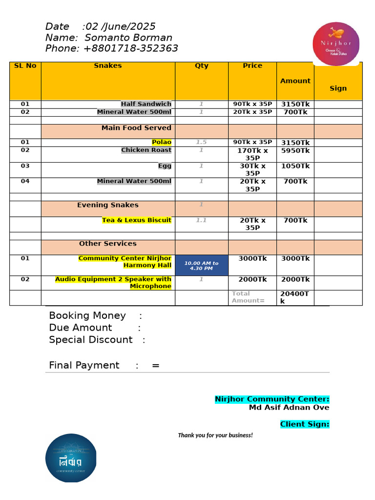 Event Invoice for Somanto Borman | PDF