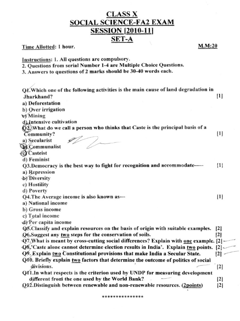 Social Science - FA2 Exam (2010-11) Set-A | PDF