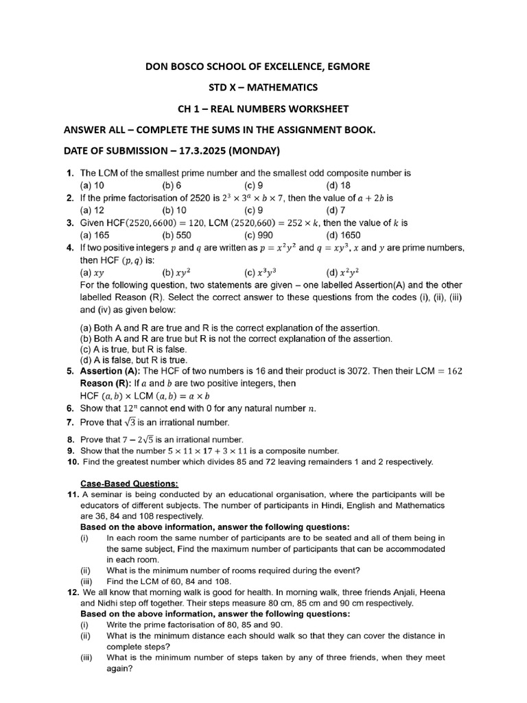 CH 1 - Real Numbers - Worksheet | PDF