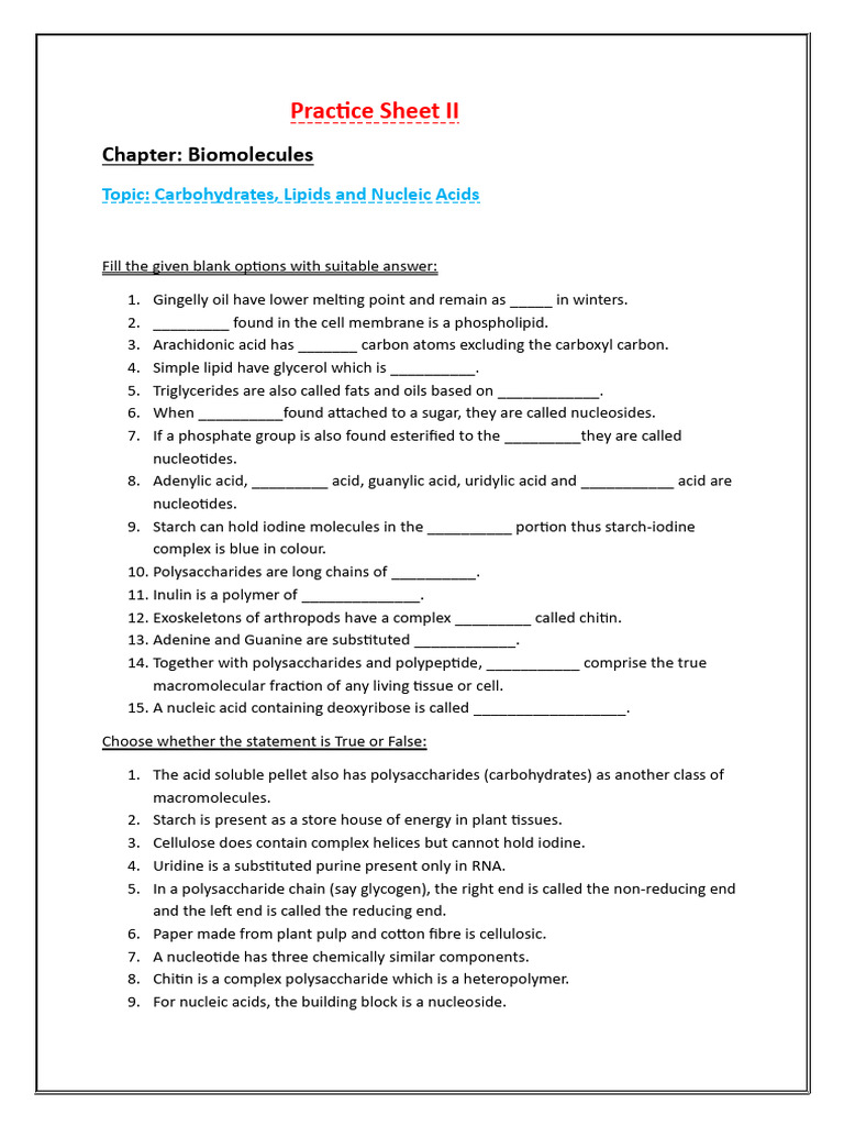 Practice Sheet Biomolecules II | PDF | Polysaccharide | Nucleotides