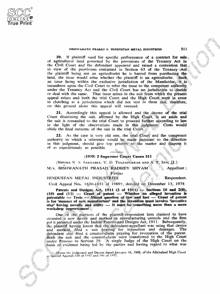 Biswanath Prasad Radhey Shyam vs. Hindustan Metal Industries - 1978 SCC OnLine SC 376 | PDF ...