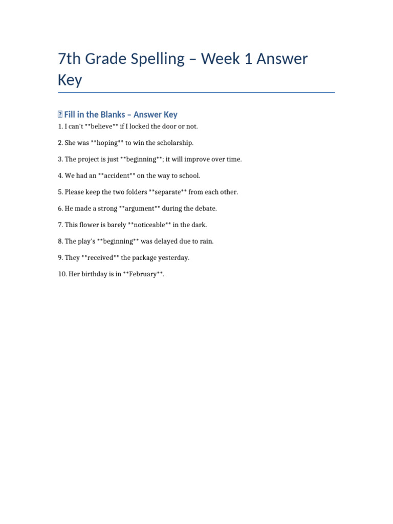 7th Grade Spelling Week1 Answer Key | PDF