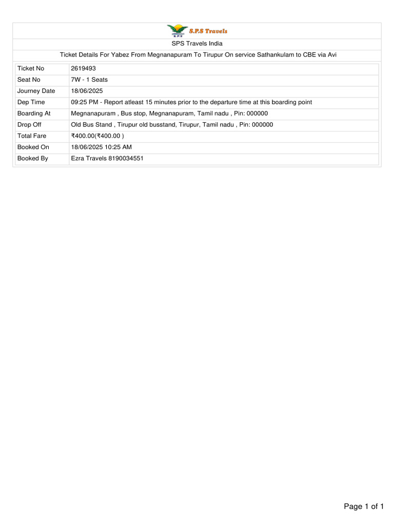 Yabez Ticket from Megnanapuram to Tirupur | PDF