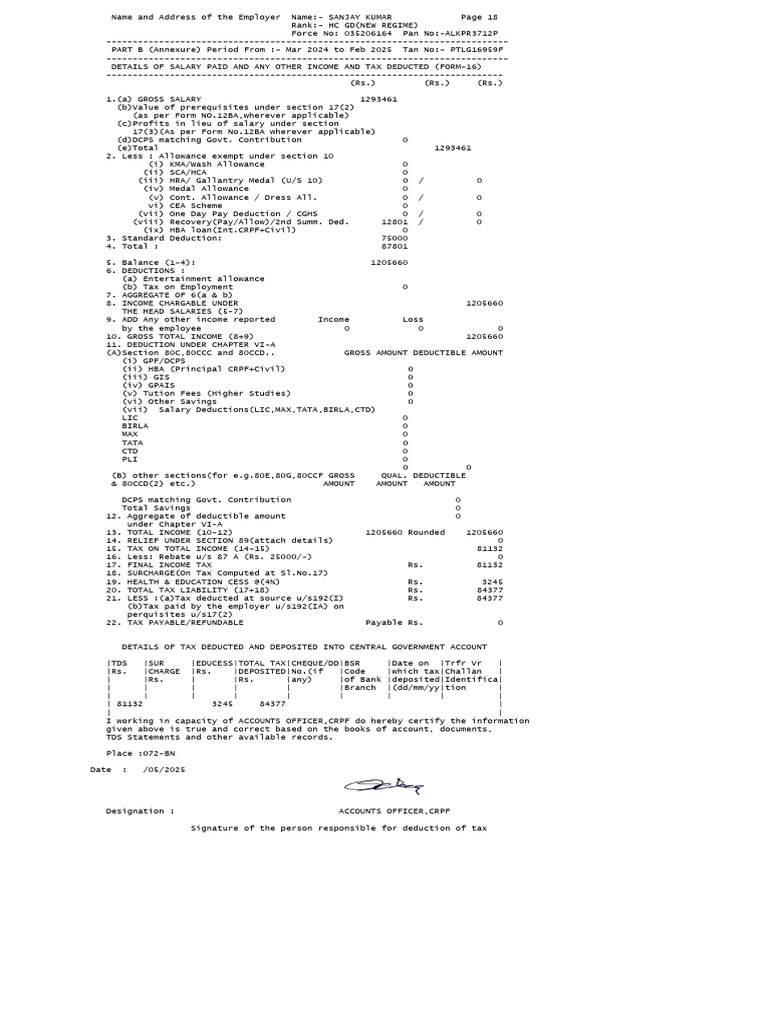 Form 16 Sanjay Kumar | PDF | Tax Deduction | Taxes