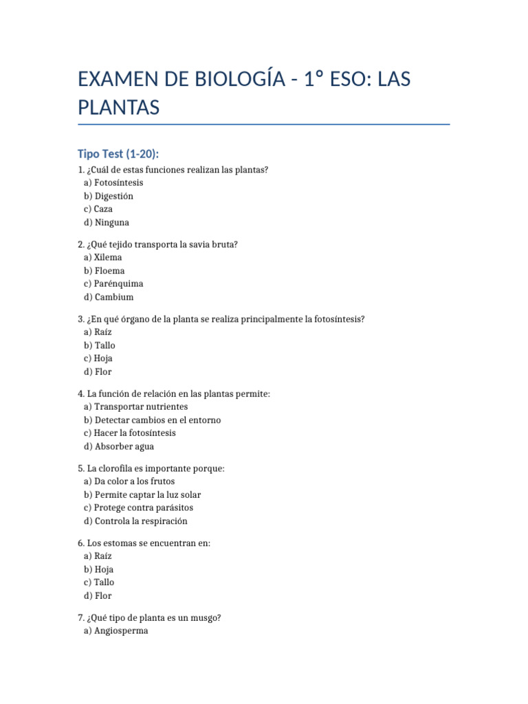 Examen Biologia 1ESO Plantas | PDF | Plantas | Raíz