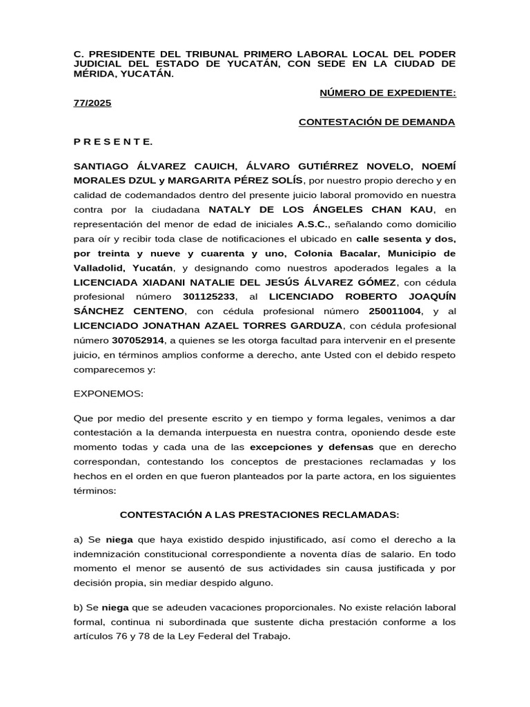 Contestación a Demanda Laboral en Yucatán | PDF | Derecho laboral | Salario