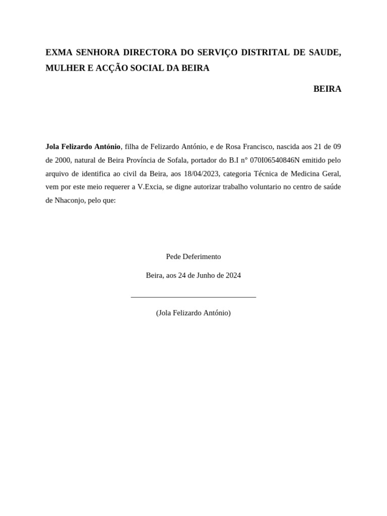 Exma Senhora Directora Do Serviço Distrital de Saude | PDF