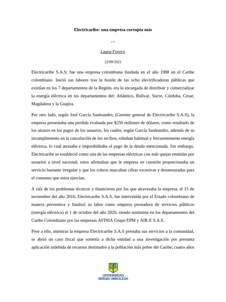 Reseña Electricaribe - Laura Forero | PDF | Colombia | Business