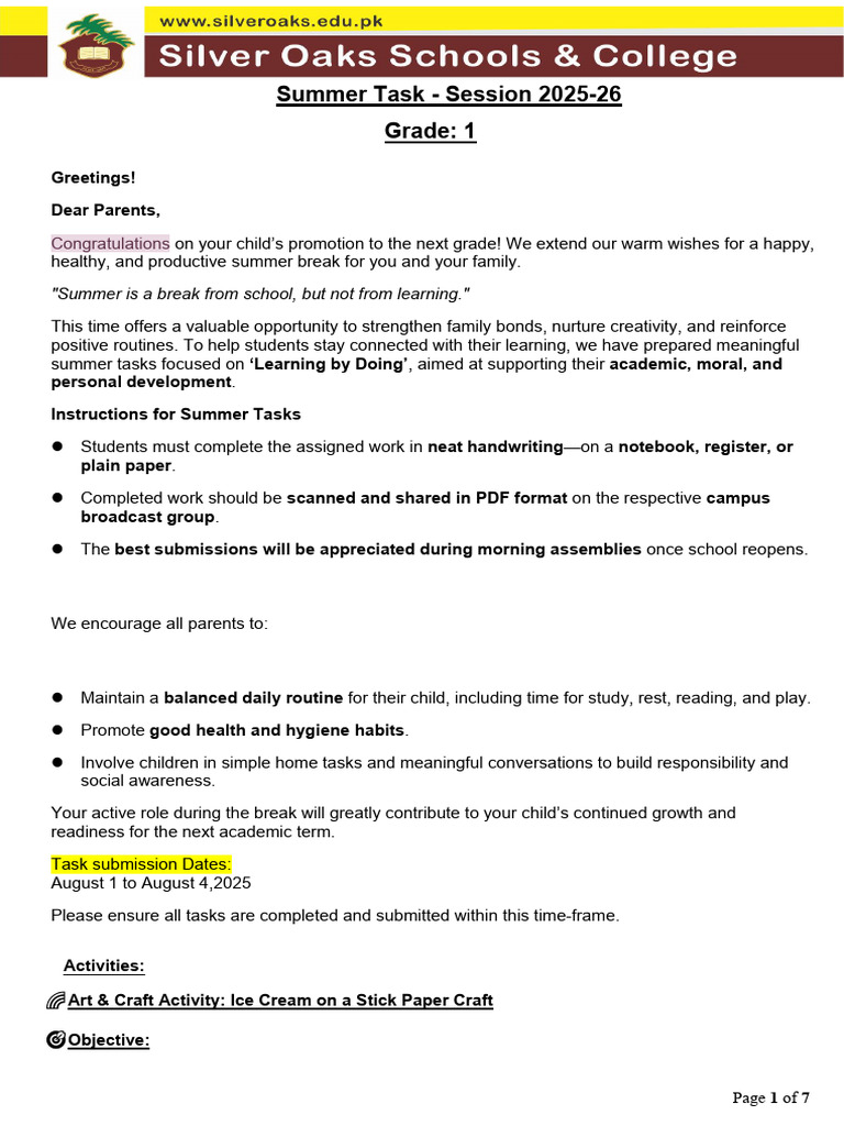 Summer Vacation Task Grade 1 | PDF