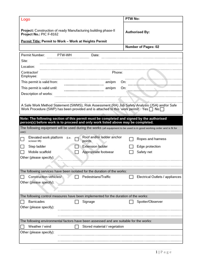 Permit To Work (Work at Height) Format | PDF | Safety