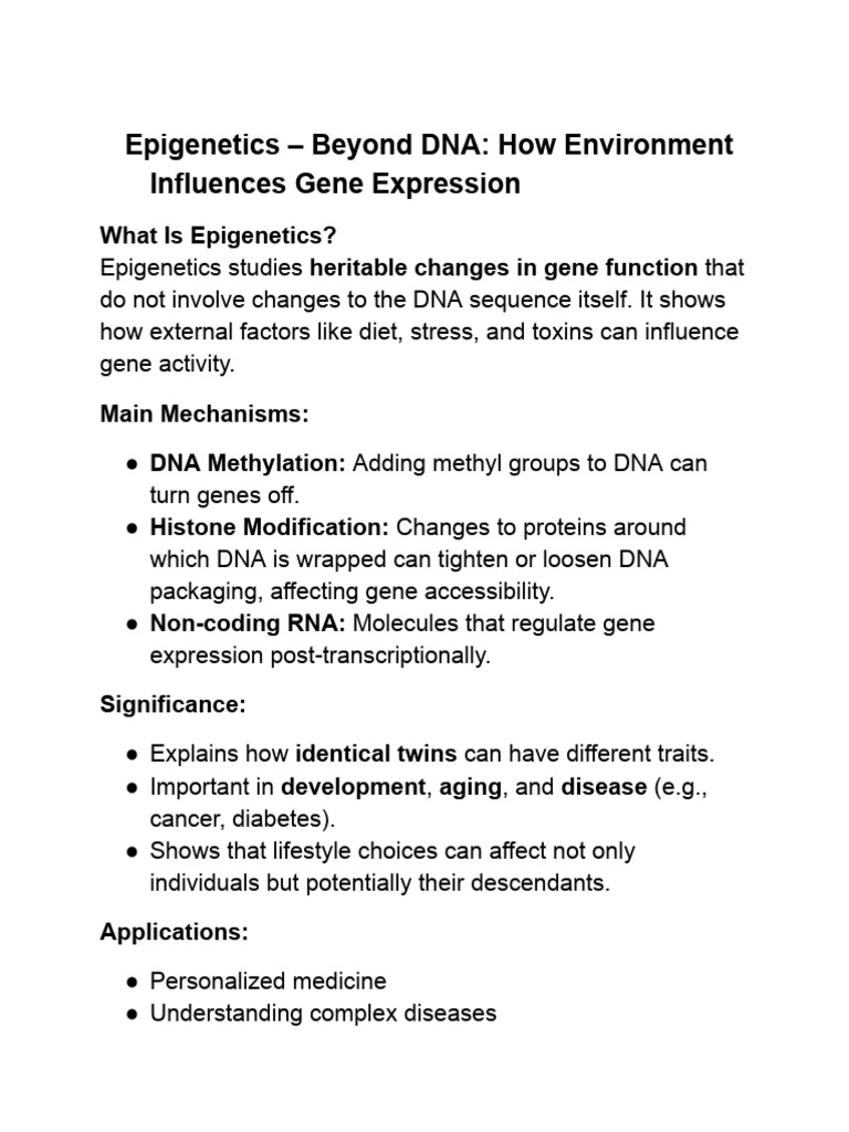 Epigenetics - Beyond DNA - How Environment Influences Gene Expression | PDF