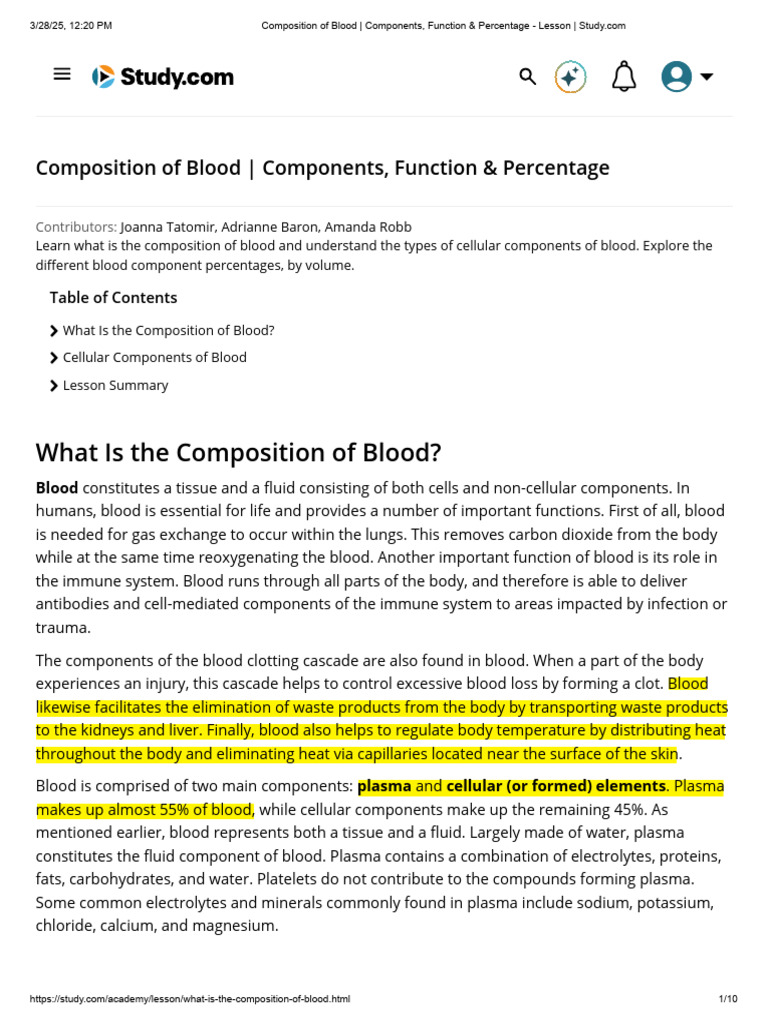 Blood Composition and Component Percentages | PDF | Blood | Blood Cell