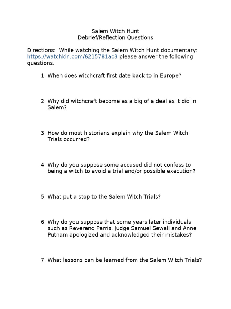 Salem Witch Hunt Questions 2 | PDF