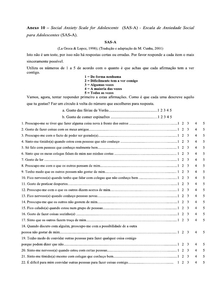 Escala de Ansiedade Adolescente - Sas | PDF