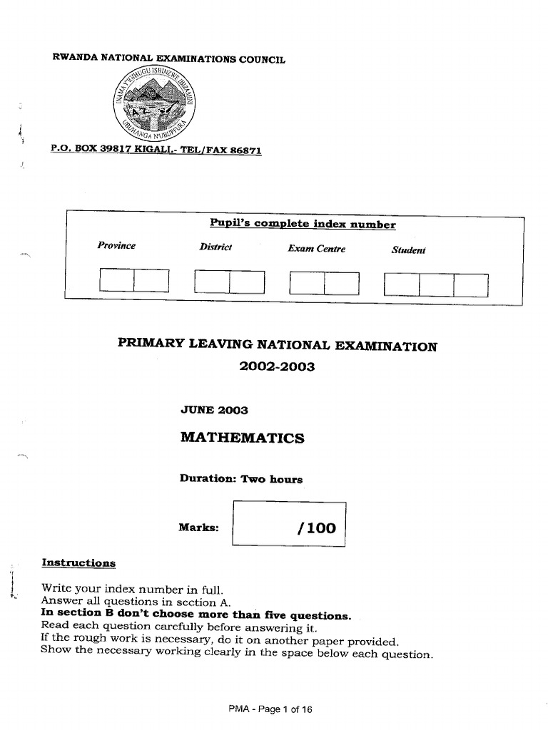 2003 Mathematics Past Paper | PDF