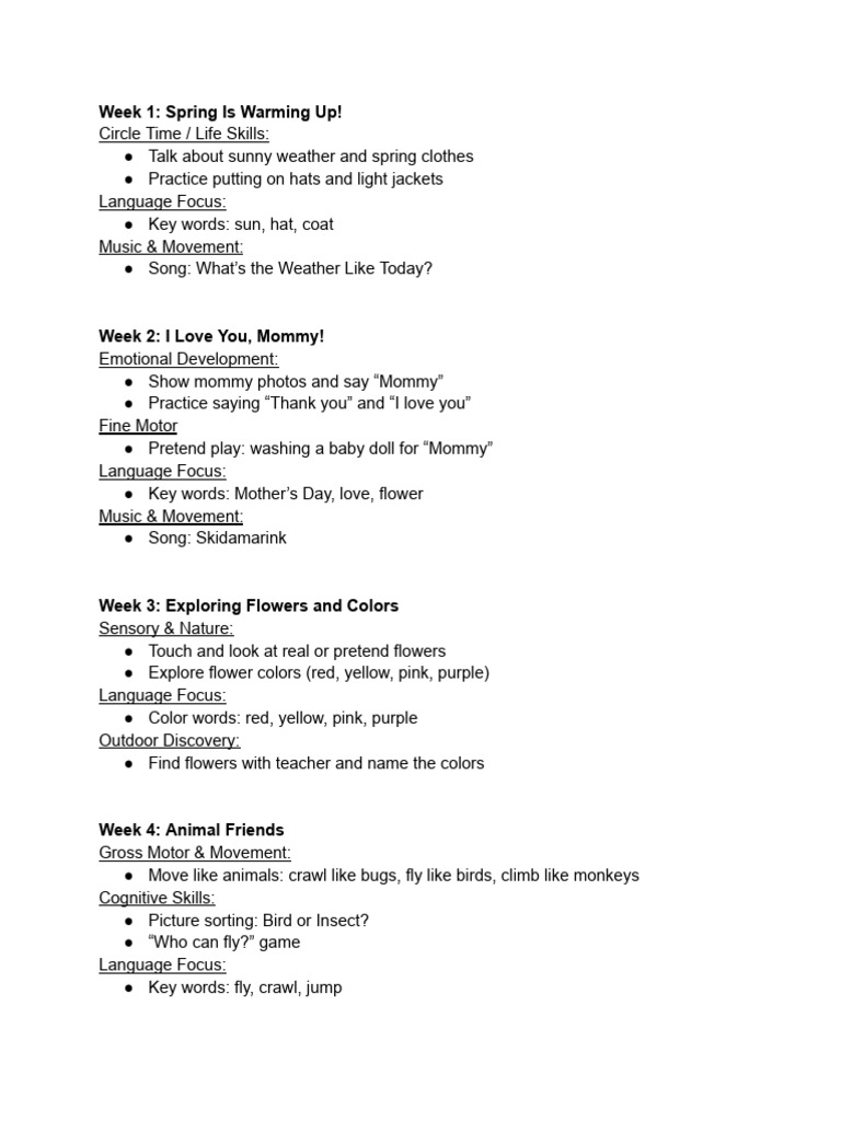 Spring Activities for Kids: Weeks 1-4 | PDF