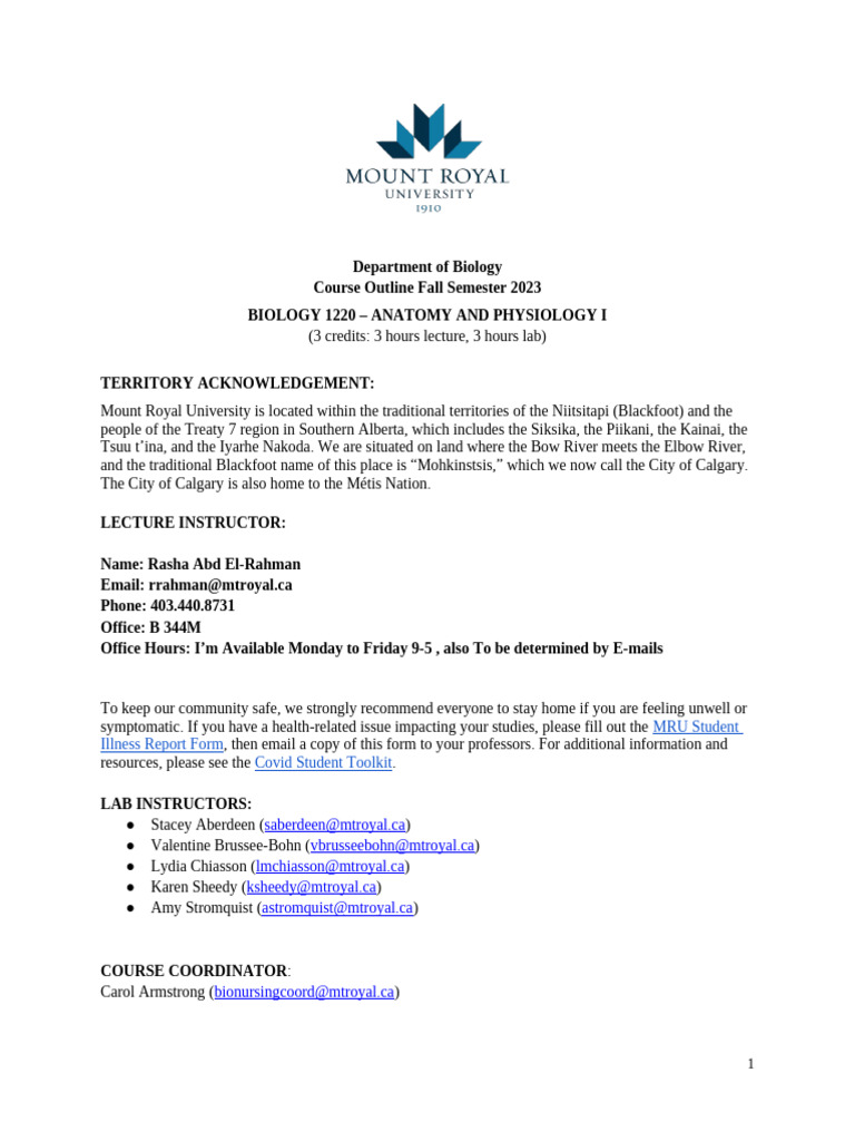 Course Outline BIOL 1220-005-006 F23 - Rasha | PDF