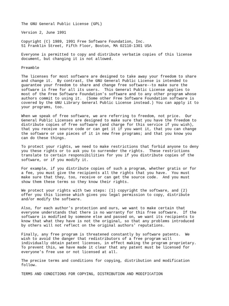 GNU General Public License Version 2 | PDF | License | Free Software