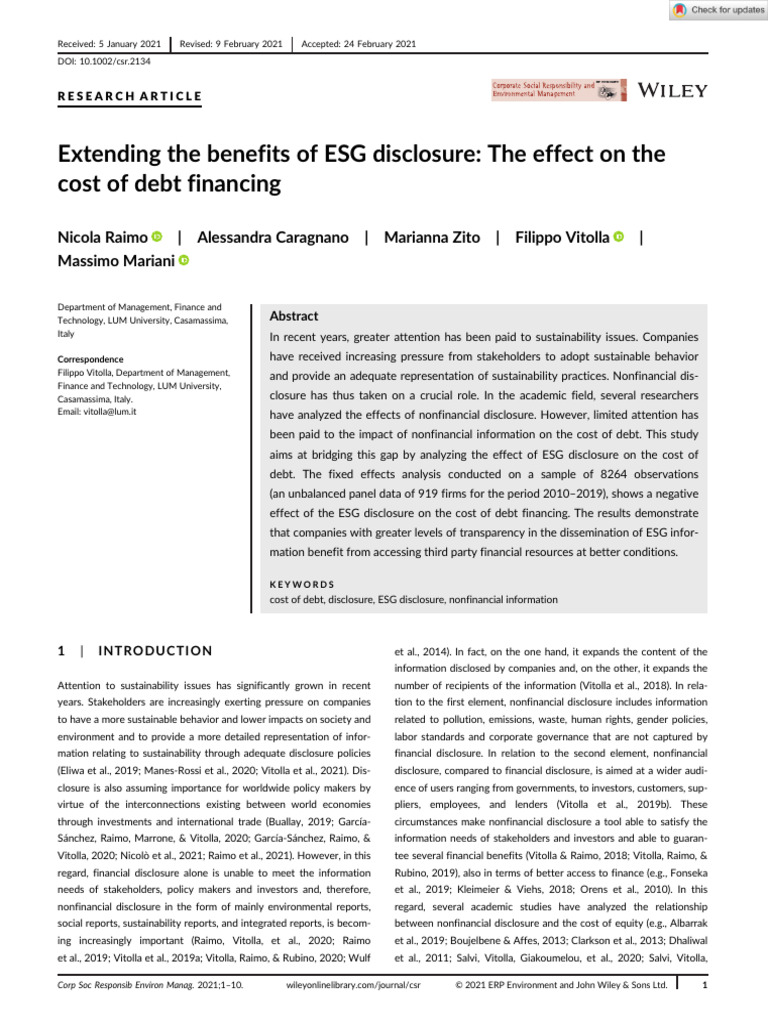 ESG Disclosure and Cost of Debt Impact | PDF | Debt | Corporate Social ...