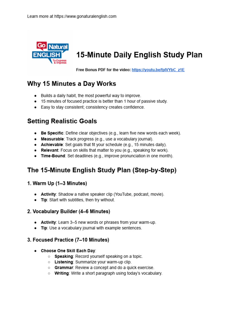 15-Minute Daily English Study Plan: Why 15 Minutes A Day Works | PDF ...