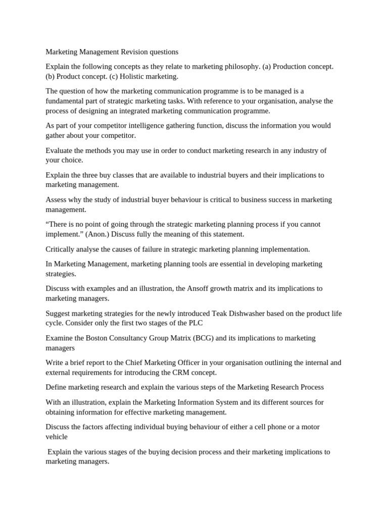 Marketing Management Revision Questions | PDF | Marketing | Marketing ...