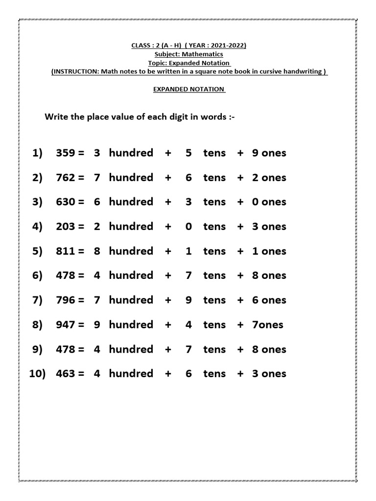 Expanded Notation for Class 2 Maths | PDF